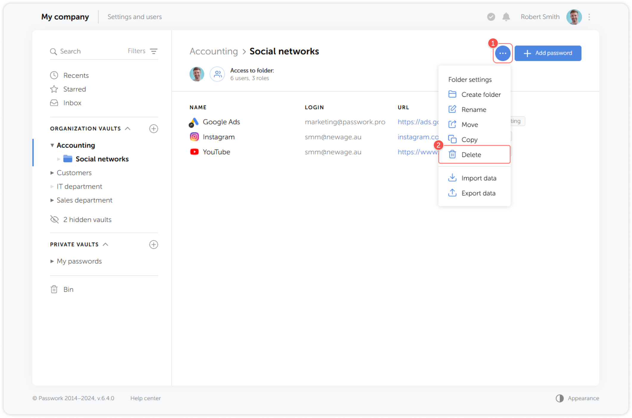 Delete folder | Passwork Documentation