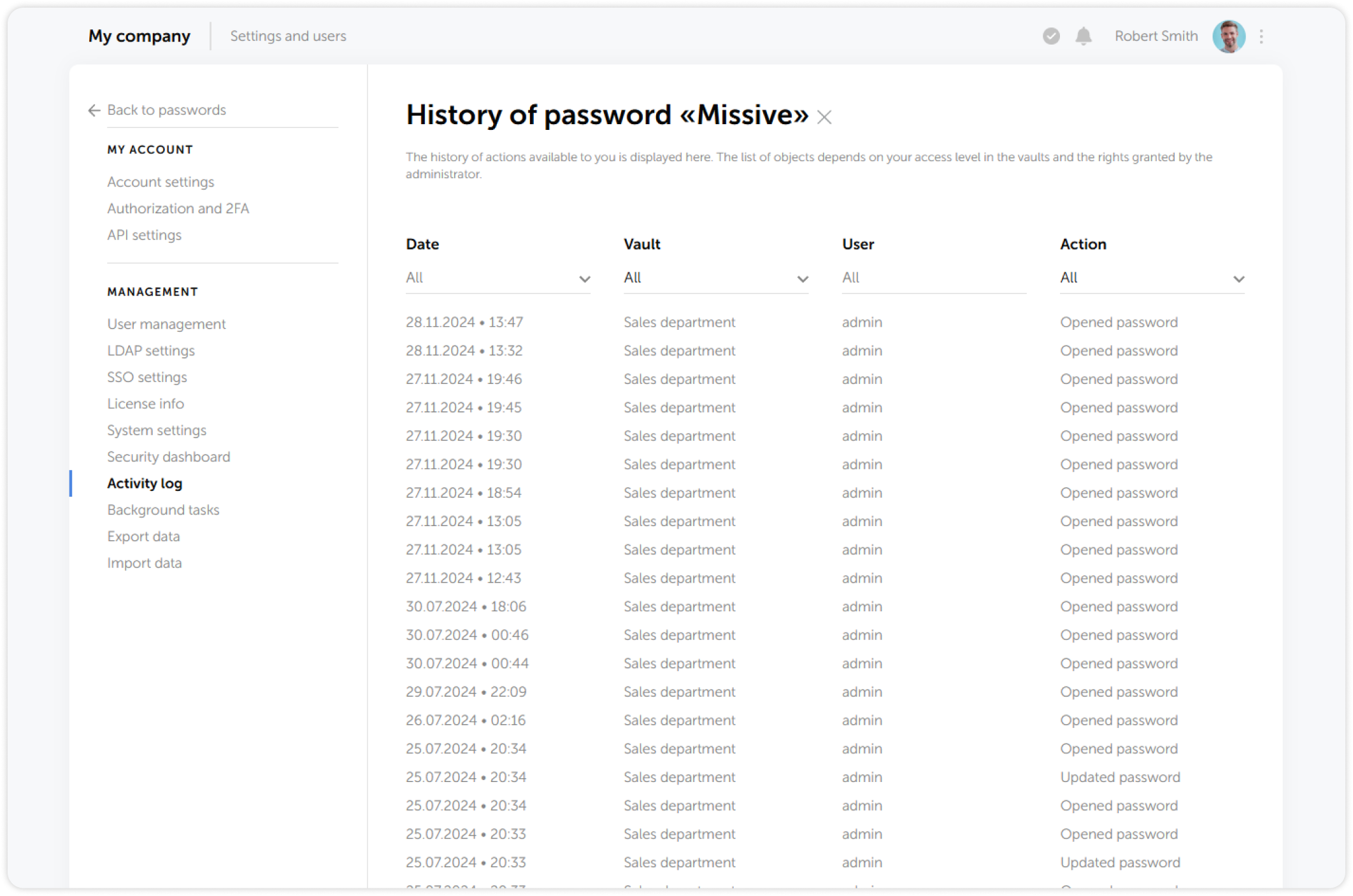 History of actions | Passwork Documentation