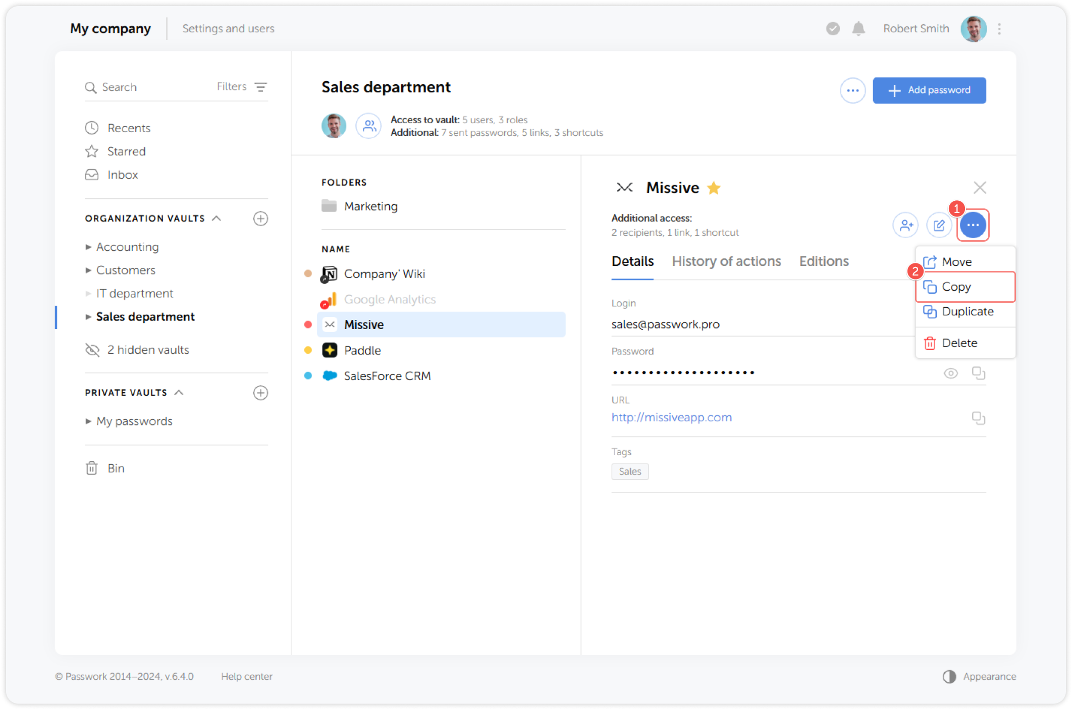 Copy password | Passwork Documentation