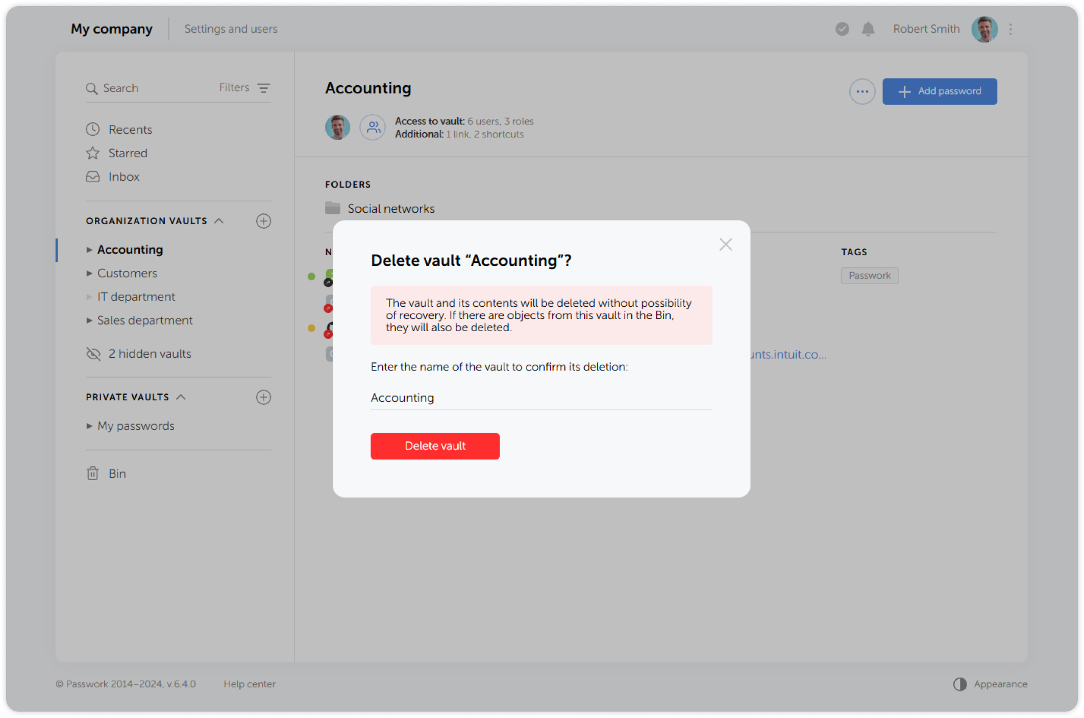 Delete vault | Passwork Documentation
