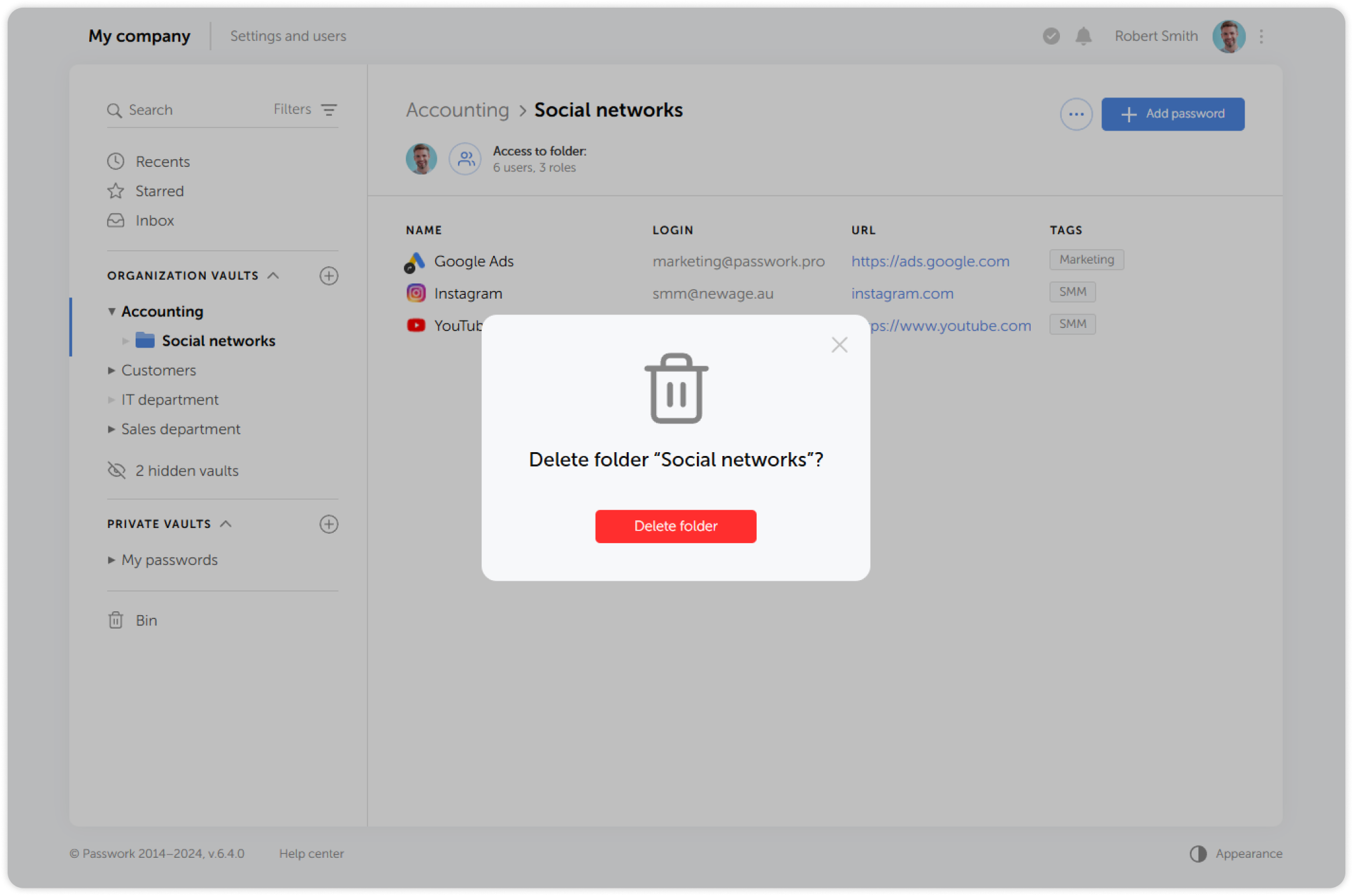 Delete folder | Passwork Documentation